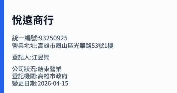 悅遠商行的照片-統編 93250925(高雄市) 公司登記資料與營業項目詳細圖表