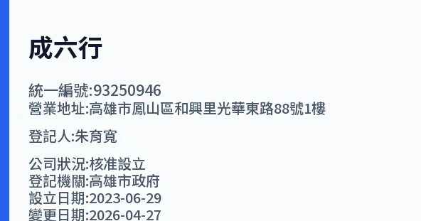 成六行的照片-統編 93250946(高雄市) 公司登記資料與營業項目詳細圖表