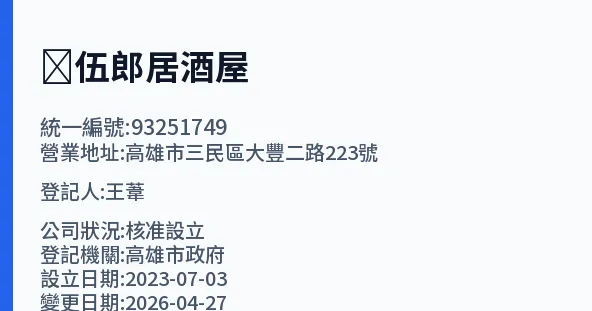 叄伍郎居酒屋的照片-統編 93251749(高雄市) 公司登記資料與營業項目詳細圖表