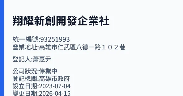 翔耀新創開發企業社的照片-統編 93251993(高雄市) 公司登記資料與營業項目詳細圖表