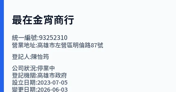 最在金宵商行的照片-統編 93252310(高雄市) 公司登記資料與營業項目詳細圖表