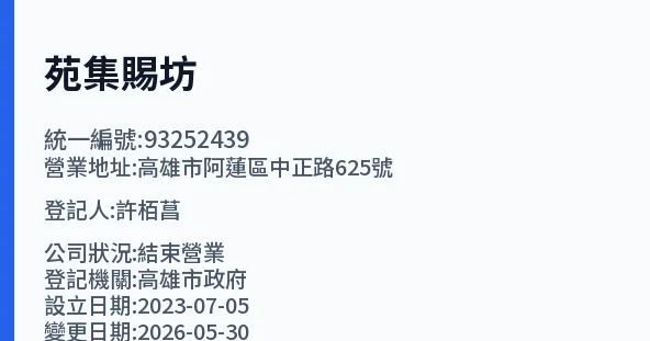 苑集賜坊的照片-統編 93252439(高雄市) 公司登記資料與營業項目詳細圖表