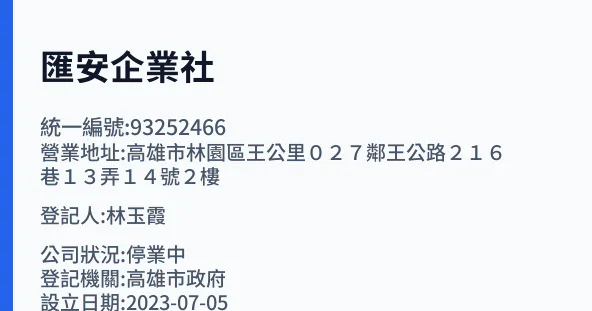 匯安企業社的照片-統編 93252466(高雄市) 公司登記資料與營業項目詳細圖表