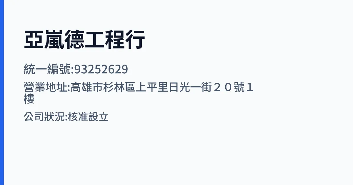 亞嵐德工程行 - 統編 93252629(高雄市) 公司登記資料與營業項目詳細圖表