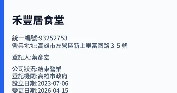 禾豐居食堂的照片-統編 93252753(高雄市) 公司登記資料與營業項目詳細圖表
