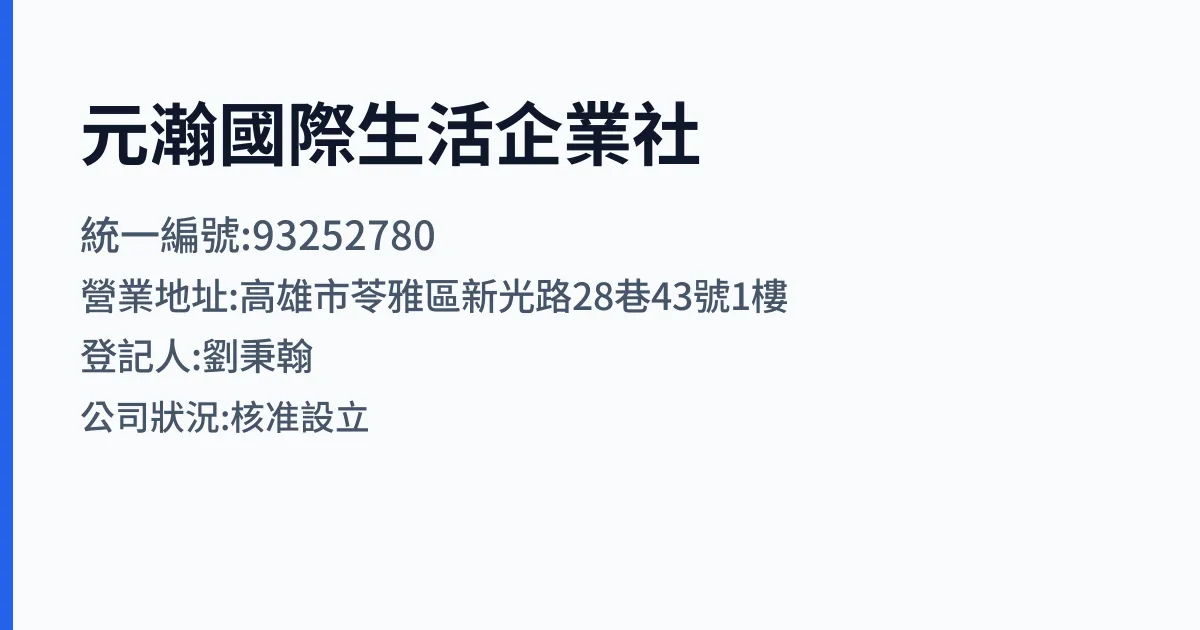 元瀚國際生活企業社 - 統編 93252780(高雄市) 公司登記資料與營業項目詳細圖表