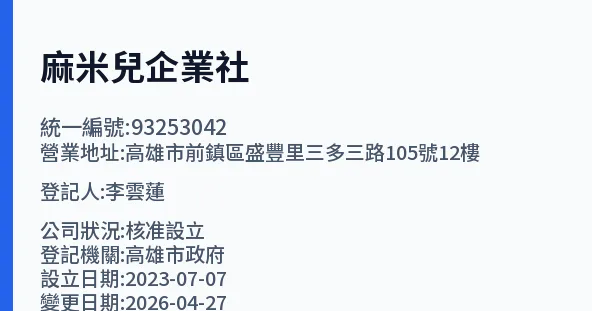 麻米兒企業社的照片-統編 93253042(高雄市) 公司登記資料與營業項目詳細圖表