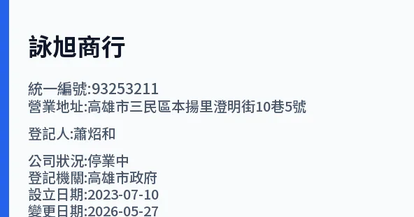 詠旭商行的照片-統編 93253211(高雄市) 公司登記資料與營業項目詳細圖表