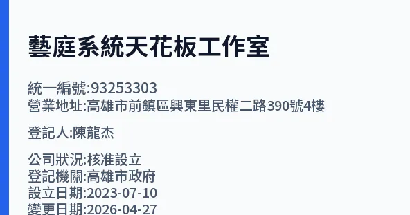 藝庭系統天花板工作室的照片-統編 93253303(高雄市) 公司登記資料與營業項目詳細圖表