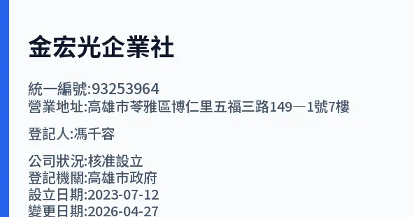 金宏光企業社的照片-統編 93253964(高雄市) 公司登記資料與營業項目詳細圖表