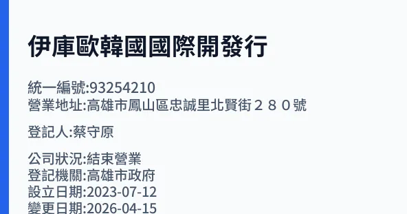 伊庫歐韓國國際開發行的照片-統編 93254210(高雄市) 公司登記資料與營業項目詳細圖表