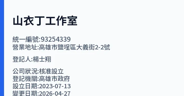山衣丁工作室的照片-統編 93254339(高雄市) 公司登記資料與營業項目詳細圖表