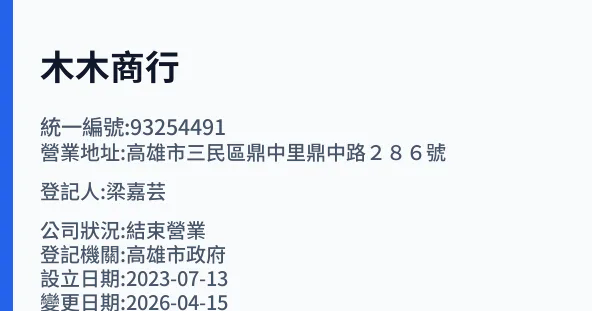 木木商行的照片-統編 93254491(高雄市) 公司登記資料與營業項目詳細圖表
