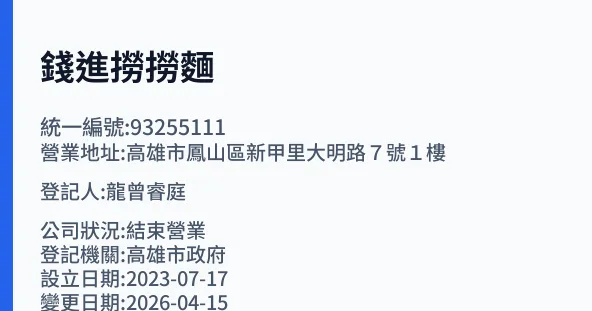 錢進撈撈麵的照片-統編 93255111(高雄市) 公司登記資料與營業項目詳細圖表