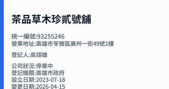 茶品草木珍貳號舖的照片-統編 93255246(高雄市) 公司登記資料與營業項目詳細圖表