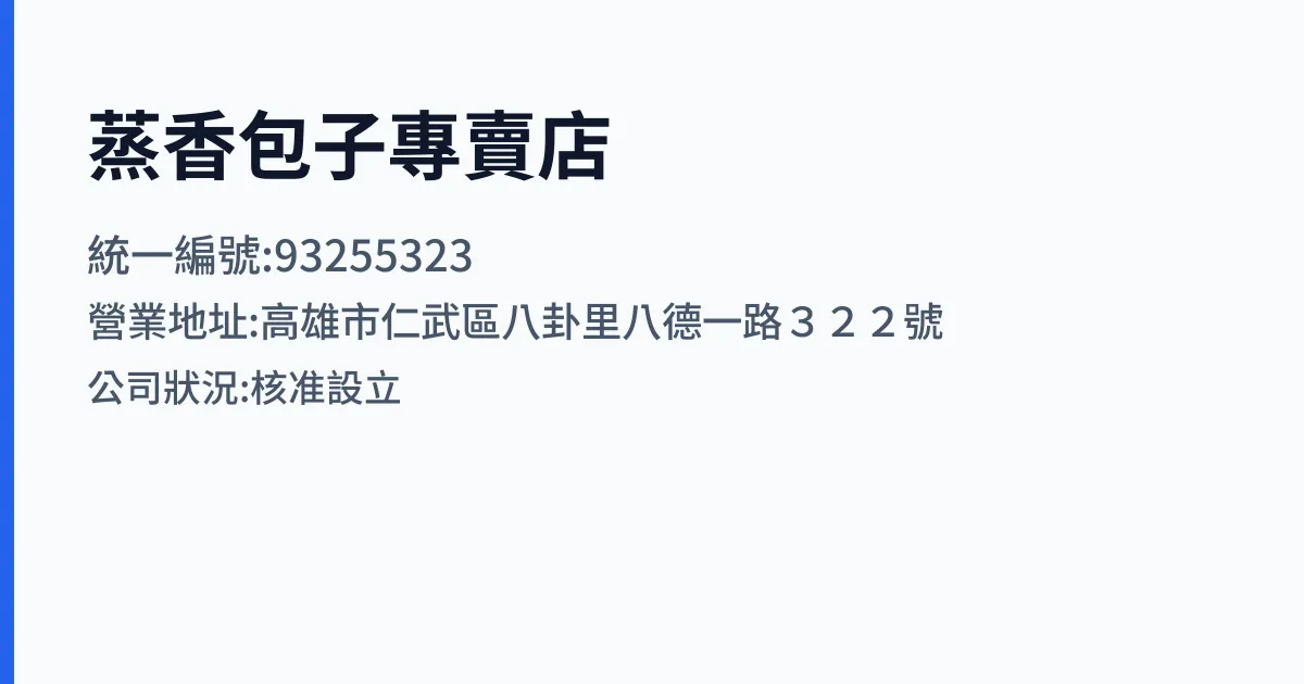 蒸香包子專賣店 - 統編 93255323(高雄市) 公司登記資料與營業項目詳細圖表