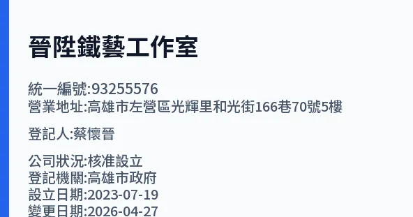 晉陞鐵藝工作室的照片-統編 93255576(高雄市) 公司登記資料與營業項目詳細圖表