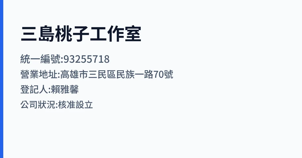 三島桃子工作室 - 統編 93255718(高雄市) 公司登記資料與營業項目詳細圖表