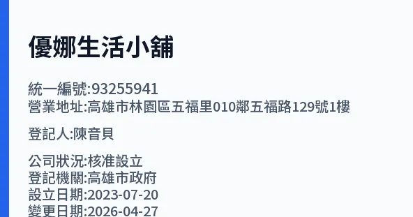 優娜生活小舖的照片-統編 93255941(高雄市) 公司登記資料與營業項目詳細圖表