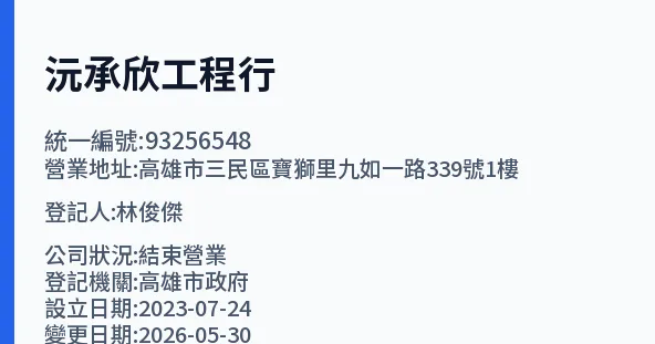 沅承欣工程行的照片-統編 93256548(高雄市) 公司登記資料與營業項目詳細圖表
