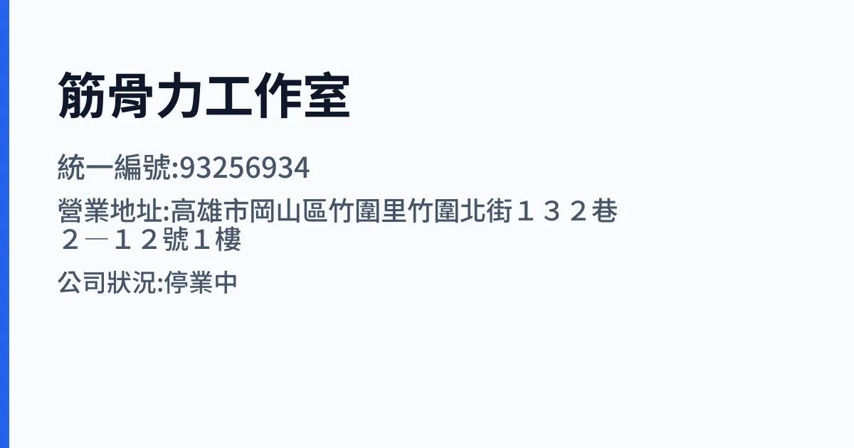 筋骨力工作室 - 統編 93256934(高雄市) 公司登記資料與營業項目詳細圖表