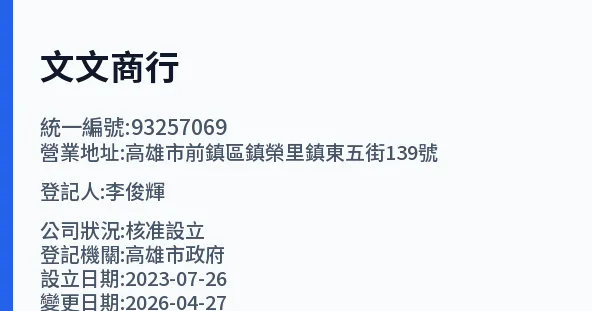 文文商行的照片-統編 93257069(高雄市) 公司登記資料與營業項目詳細圖表