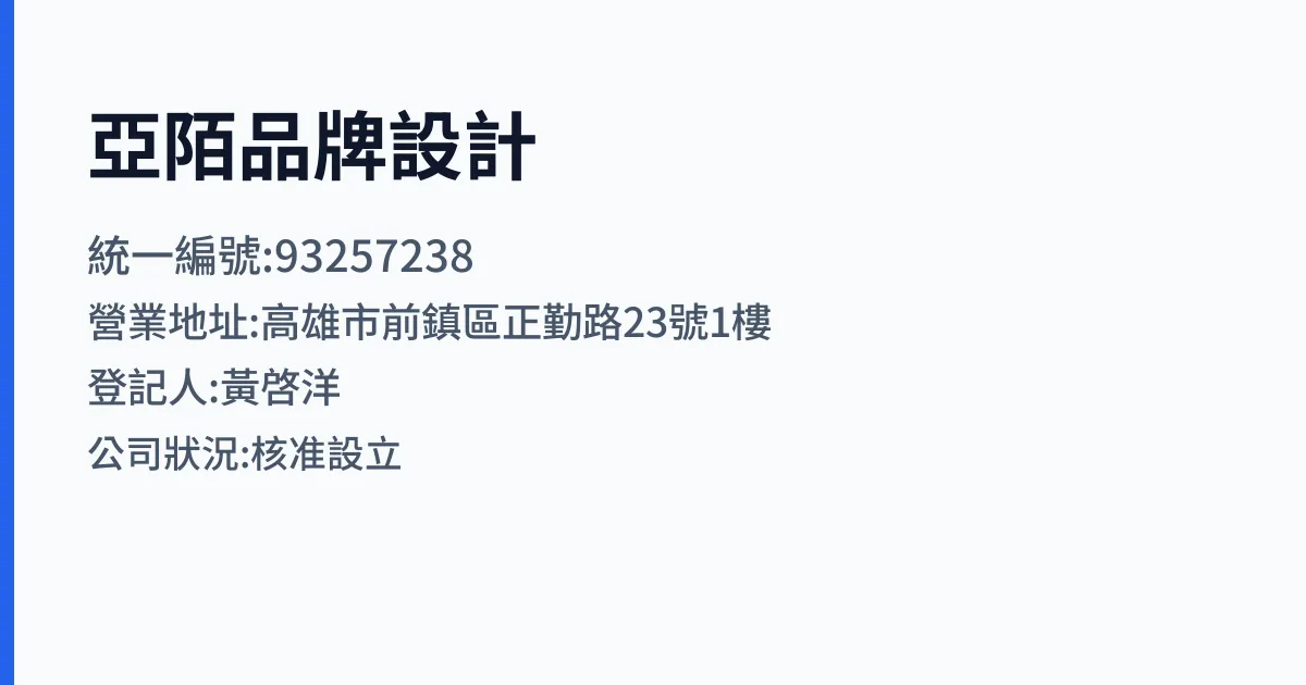 亞陌品牌設計 - 統編 93257238(高雄市) 公司登記資料與營業項目詳細圖表