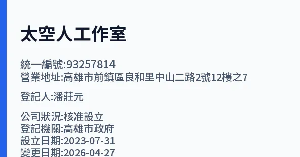 太空人工作室的照片-統編 93257814(高雄市) 公司登記資料與營業項目詳細圖表