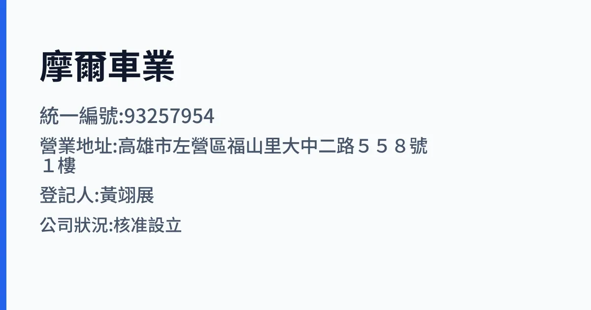 摩爾車業 - 統編 93257954(高雄市) 公司登記資料與營業項目詳細圖表
