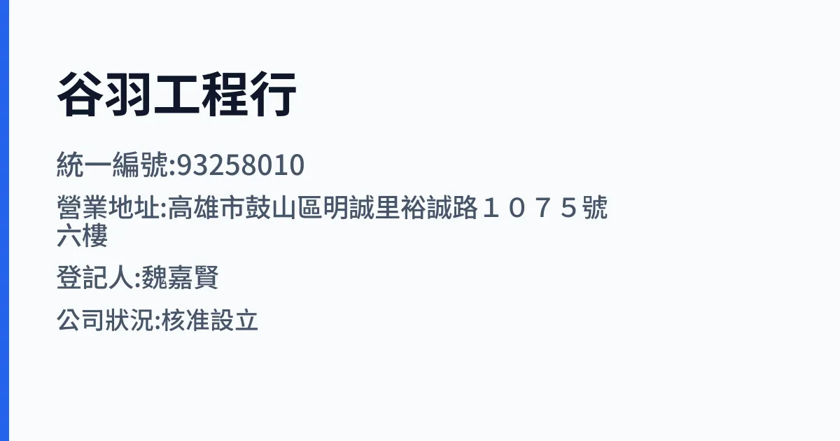 谷羽工程行 - 統編 93258010(高雄市) 公司登記資料與營業項目詳細圖表