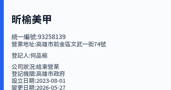 昕榆美甲的照片-統編 93258139(高雄市) 公司登記資料與營業項目詳細圖表