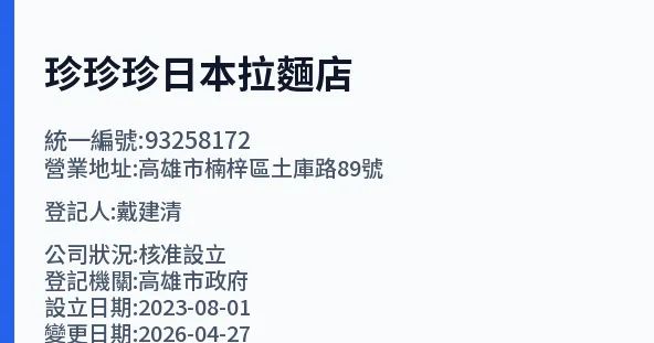 珍珍珍日本拉麵店的照片-統編 93258172(高雄市) 公司登記資料與營業項目詳細圖表