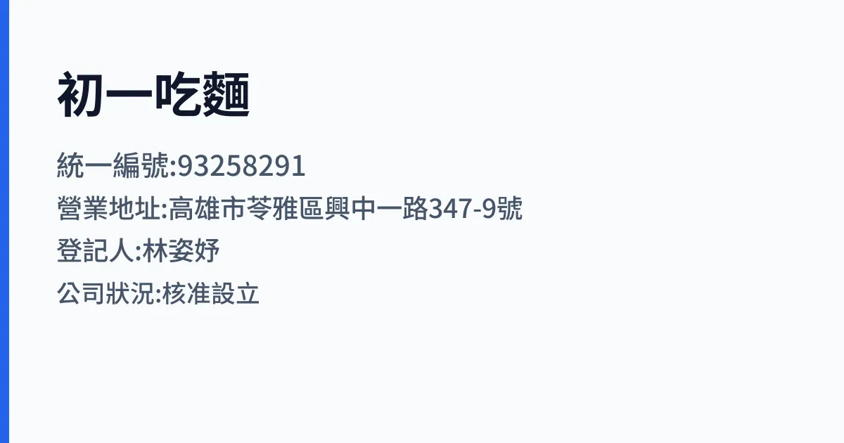 初一吃麵 - 統編 93258291(高雄市) 公司登記資料與營業項目詳細圖表