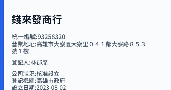錢來發商行的照片-統編 93258320(高雄市) 公司登記資料與營業項目詳細圖表