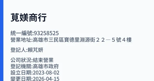 莧媄商行的照片-統編 93258525(高雄市) 公司登記資料與營業項目詳細圖表