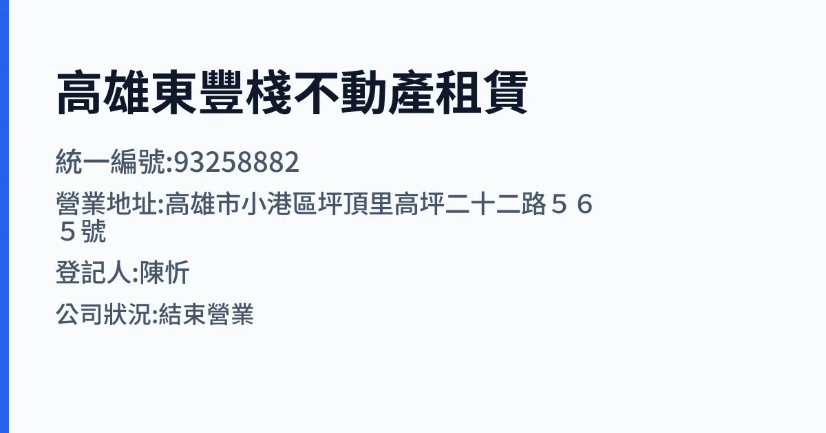 高雄東豐棧不動產租賃 - 統編 93258882(高雄市) 公司登記資料與營業項目詳細圖表