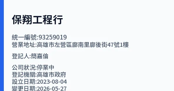 保翔工程行的照片-統編 93259019(高雄市) 公司登記資料與營業項目詳細圖表