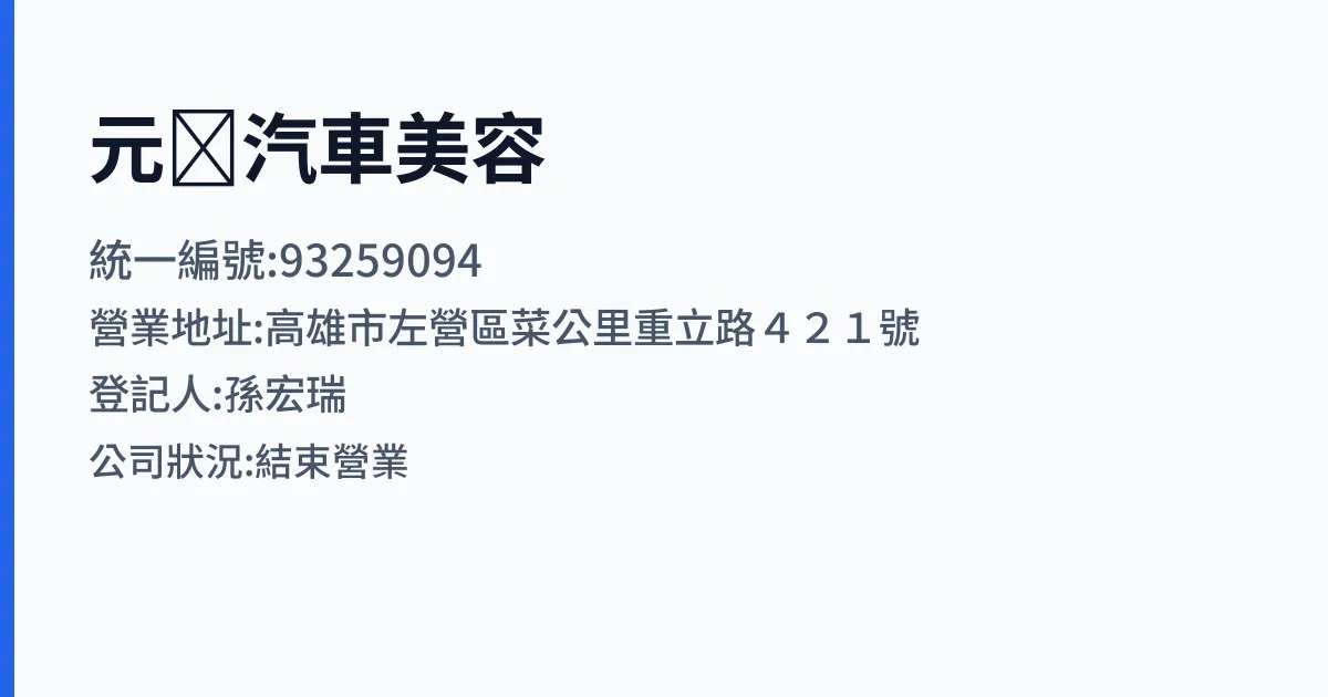 元勲汽車美容 - 統編 93259094(高雄市) 公司登記資料與營業項目詳細圖表