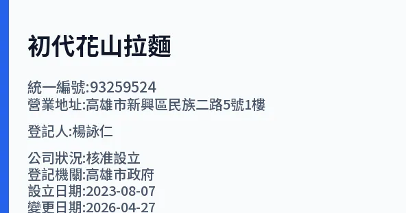 初代花山拉麵的照片-統編 93259524(高雄市) 公司登記資料與營業項目詳細圖表