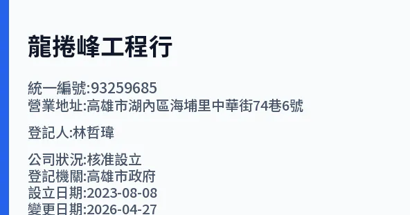 龍捲峰工程行的照片-統編 93259685(高雄市) 公司登記資料與營業項目詳細圖表