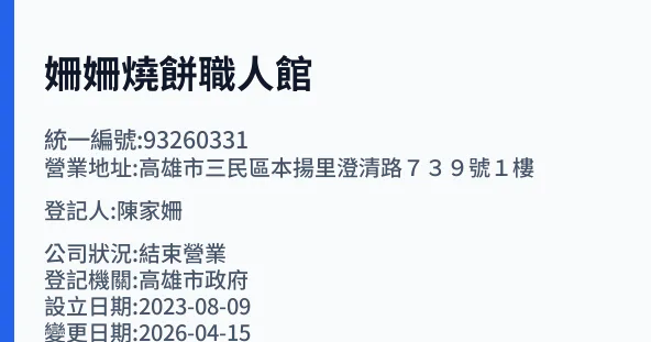 姍姍燒餅職人館的照片-統編 93260331(高雄市) 公司登記資料與營業項目詳細圖表
