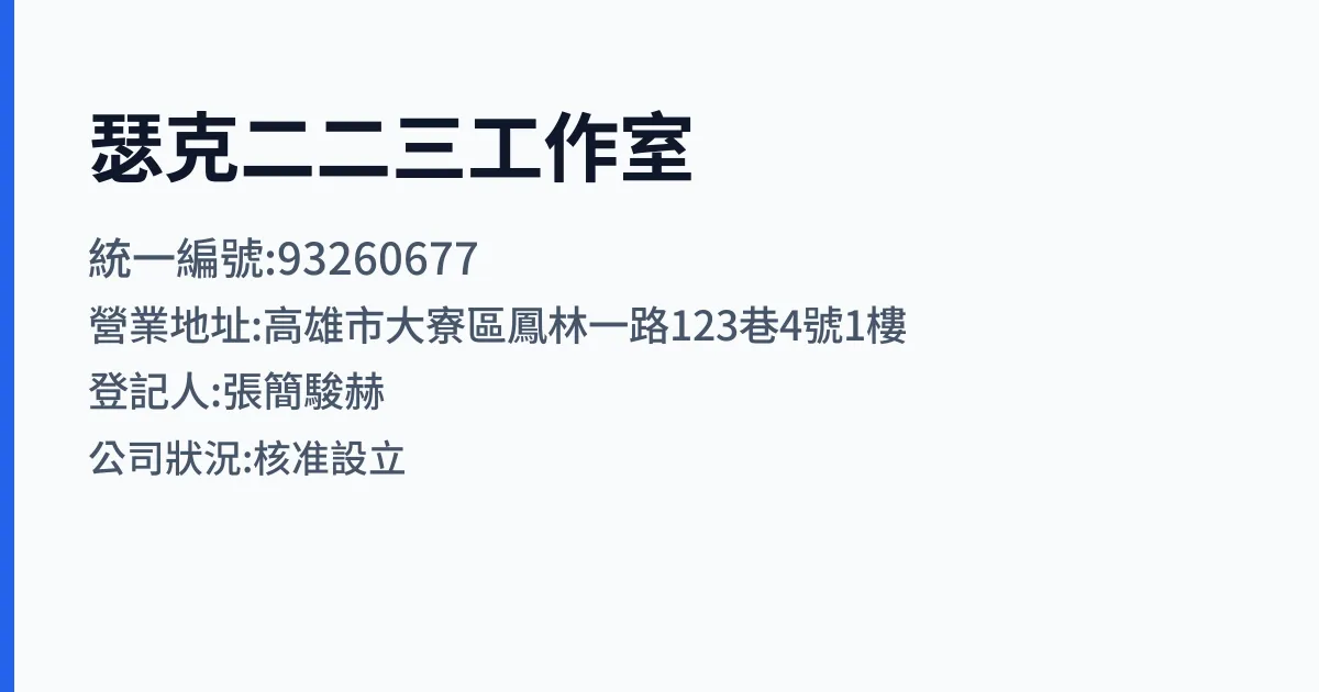 瑟克二二三工作室 - 統編 93260677(高雄市) 公司登記資料與營業項目詳細圖表