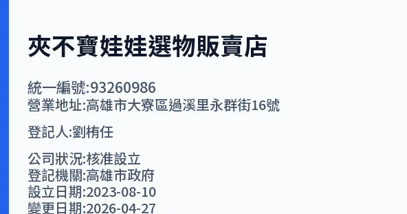 夾不寶娃娃選物販賣店的照片-統編 93260986(高雄市) 公司登記資料與營業項目詳細圖表