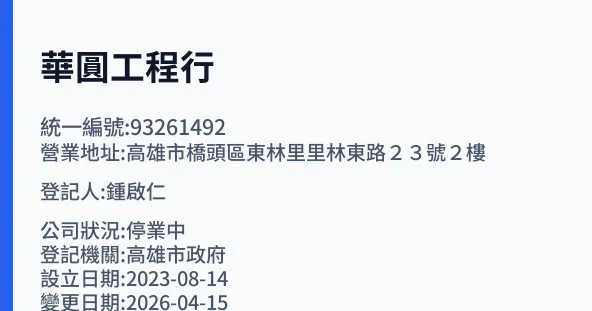 華圓工程行的照片-統編 93261492(高雄市) 公司登記資料與營業項目詳細圖表