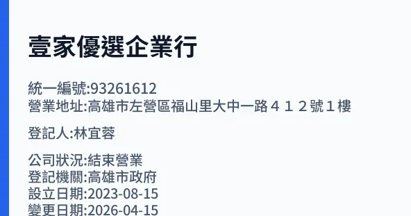 壹家優選企業行的照片-統編 93261612(高雄市) 公司登記資料與營業項目詳細圖表