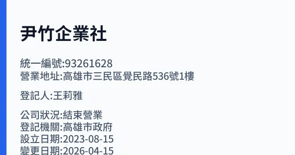 尹竹企業社的照片-統編 93261628(高雄市) 公司登記資料與營業項目詳細圖表