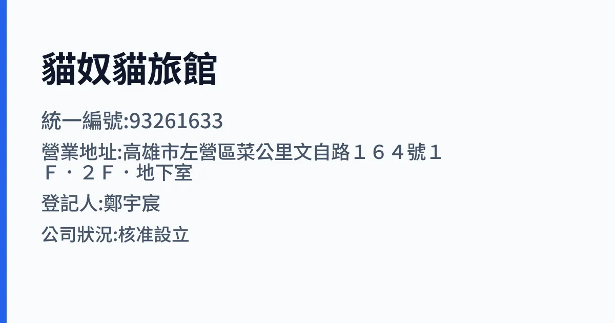 貓奴貓旅館 - 統編 93261633（高雄市） 公司登記資料與營業項目詳細圖表