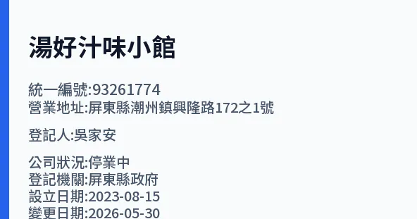 湯好汁味小館的照片-統編 93261774(屏東縣) 公司登記資料與營業項目詳細圖表
