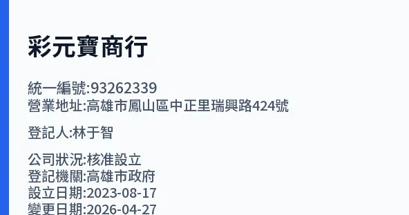 彩元寶商行的照片-統編 93262339(高雄市) 公司登記資料與營業項目詳細圖表