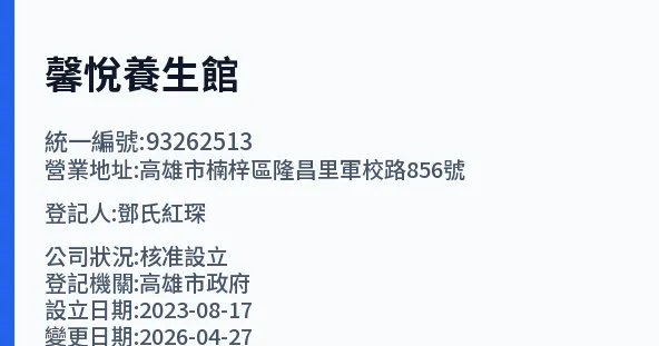 馨悅養生館的照片-統編 93262513(高雄市) 公司登記資料與營業項目詳細圖表